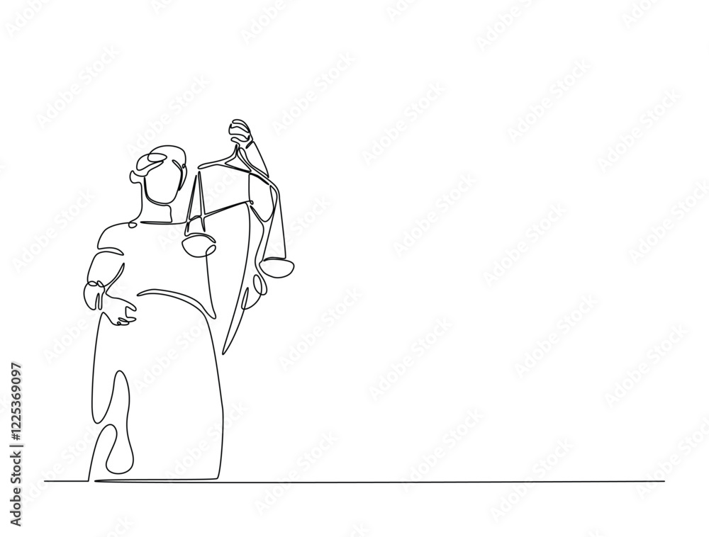 Continuous line art drawing of Themis goddess with scale. Blind lady ...