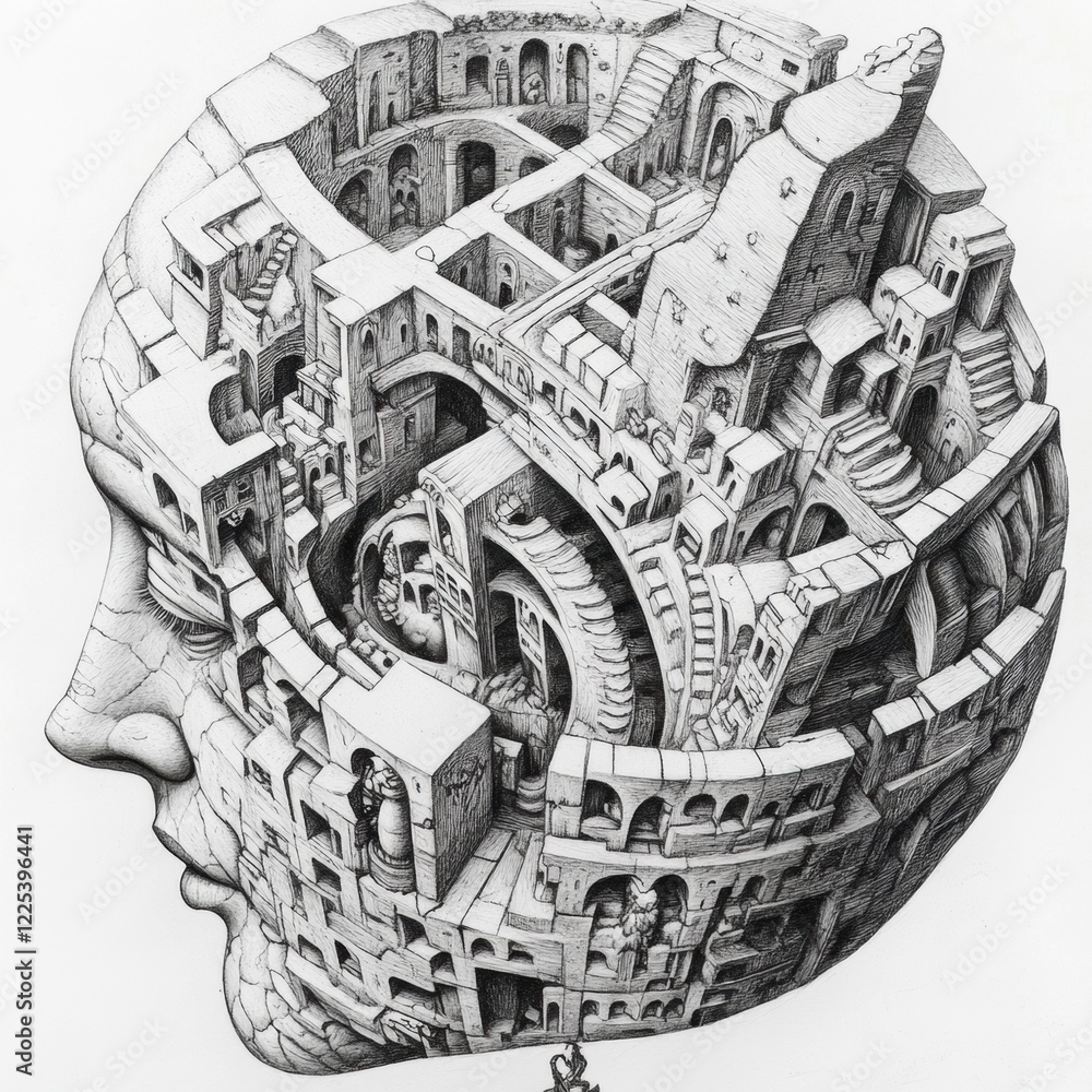 Intricate labyrinth within a giant face showcases a surreal blend of ...