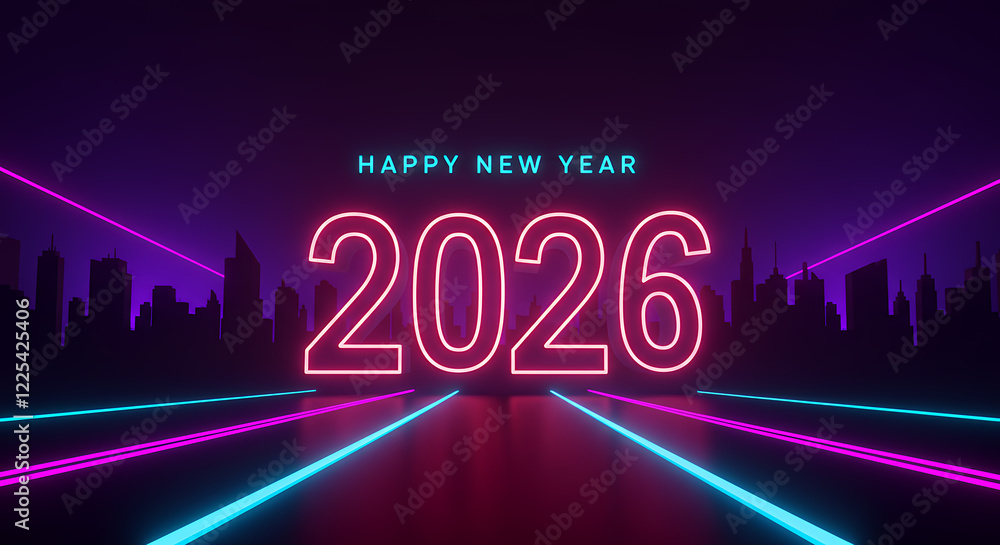 Neon 2026 Happy New Year Cityscape - Futuristic Cyberpunk 3D Render ...