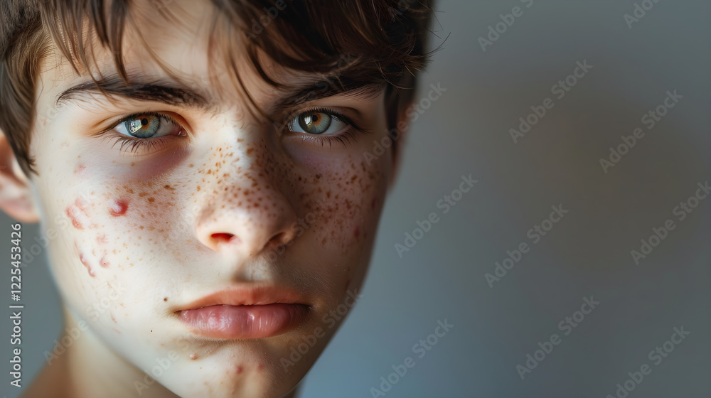 Stock-Foto „Portrait of a teenage boy with freckles and acne. Concept ...