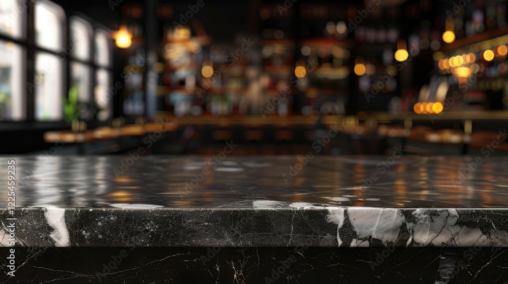 Mockup of black marble bar counter with product placement on dark ...