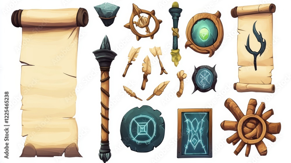 Magic parchment paper and scroll with fantasy glowing ancient wizard ...