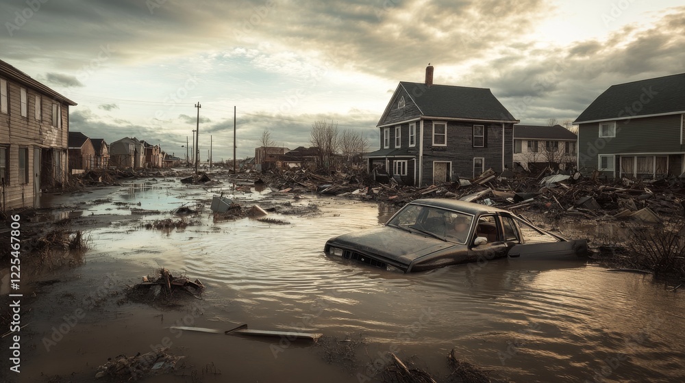 Flood in town, river, water stream on city street. Natural disaster ...