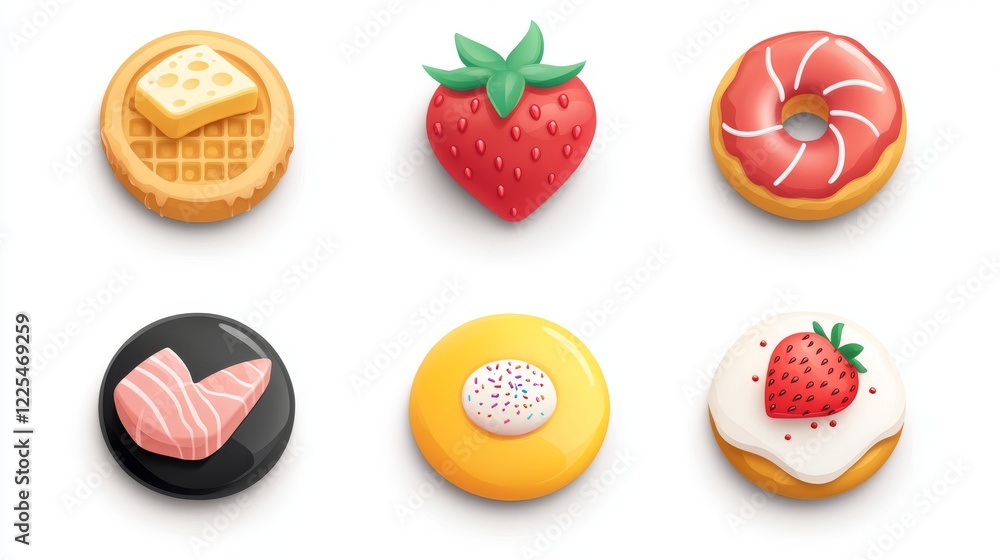 Square buttons with texture of food, waffle, strawberry, cheese and ...