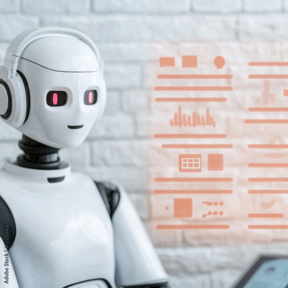 Friendly humanoid robot wearing headphones engages with digital graphs ...