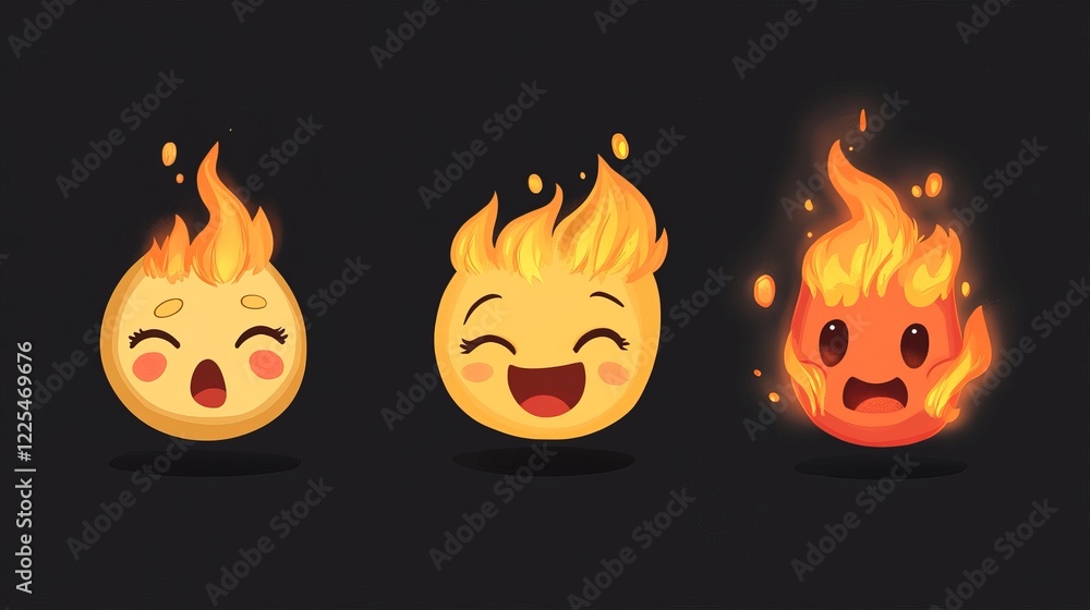 Fire characters set isolated on black background. Vector cartoon ...
