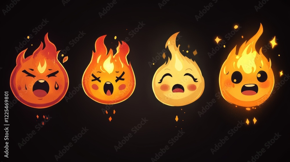 Fire characters set isolated on black background. Vector cartoon ...