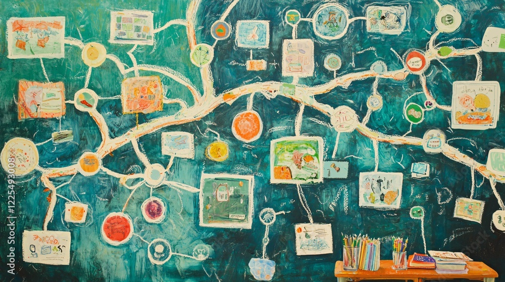 mind map sketch on a chalkboard in a classroom, showcasing an ...
