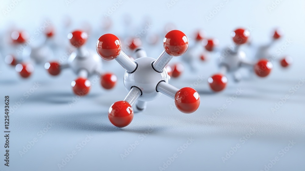 Blue background, 3D model of a molecule with several spheres on a light ...