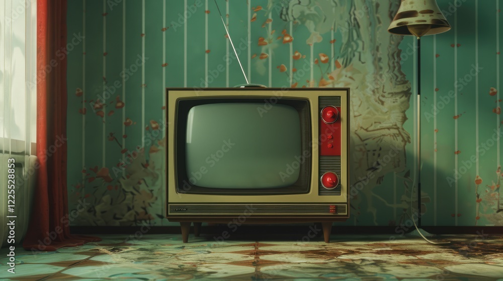 Vintage TV in retro room with red button, blank screen, 1960s concept ...