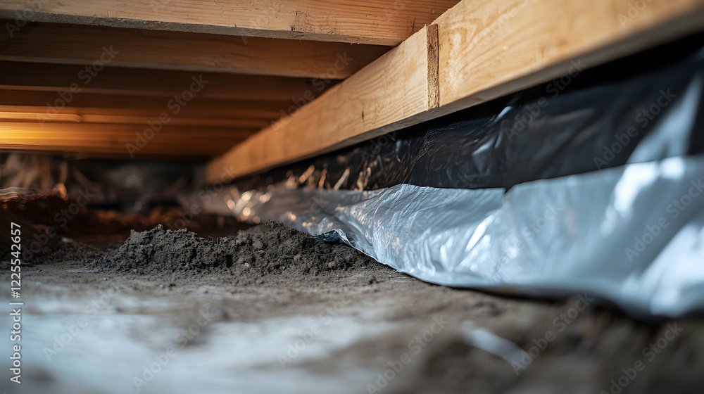 The vapor barrier next to an opening in the crawl space where damp ...