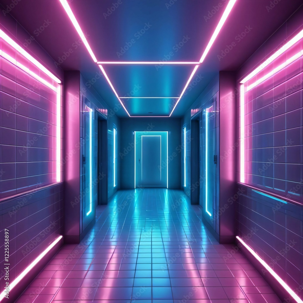 Futuristic Corridor with Neon Panels A narrow corridor with a ...