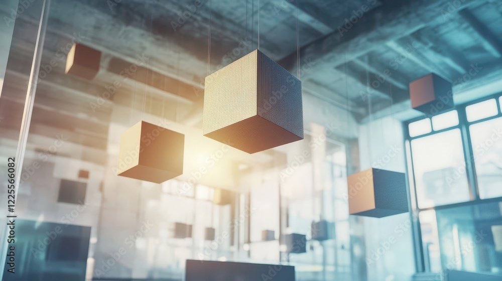 Abstract Floating Cubes in Modern Corporate Environment Signifying ...