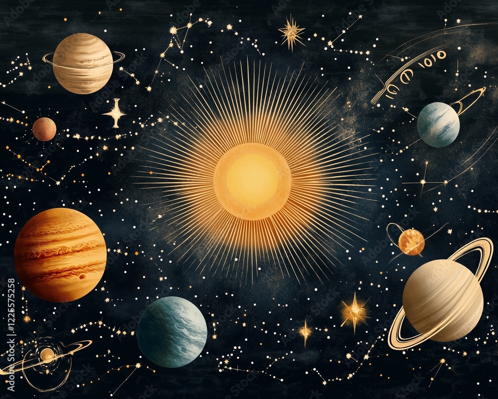 Cosmic landscape showing planets in perfect alignment under glowing ...