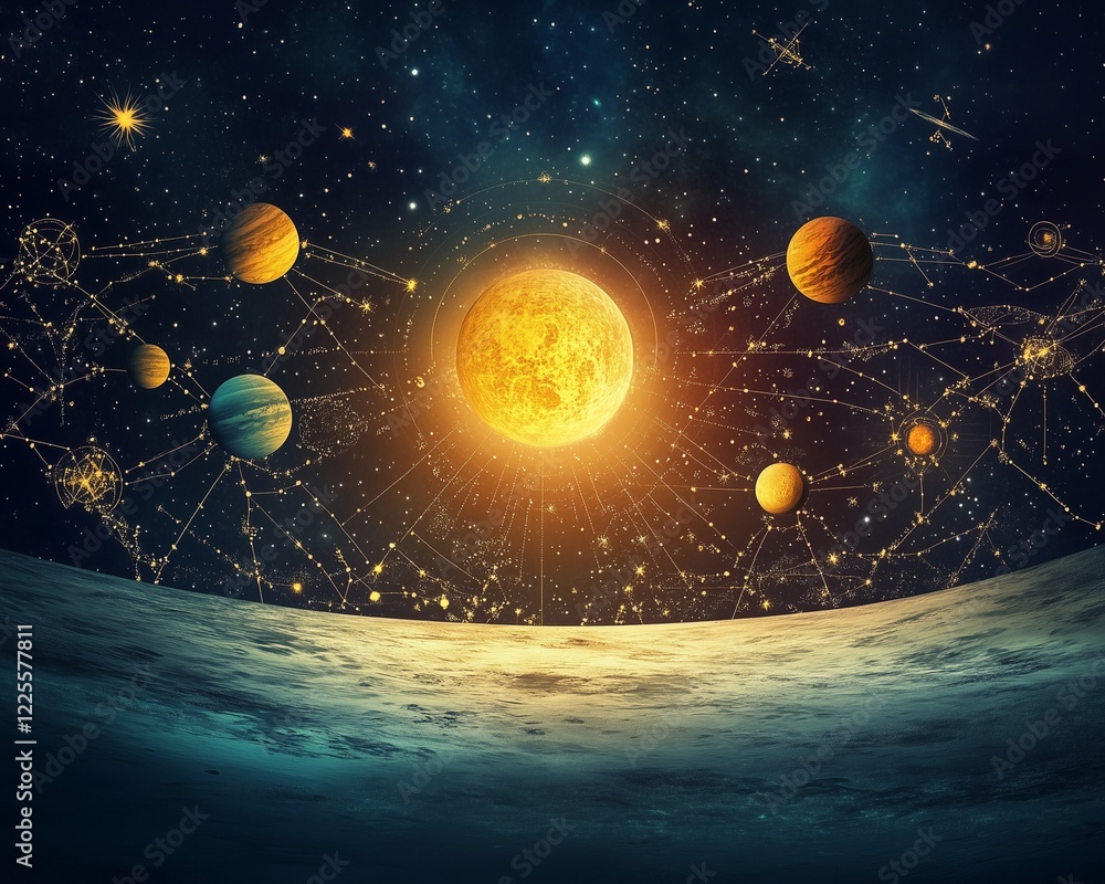 Cosmic landscape showing planets in perfect alignment under glowing ...