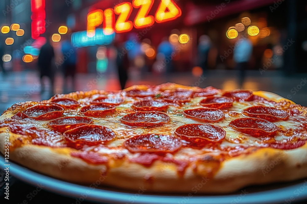 A Classic Pepperoni Pizza Slice, Served on a Paper Plate in a Bustling ...