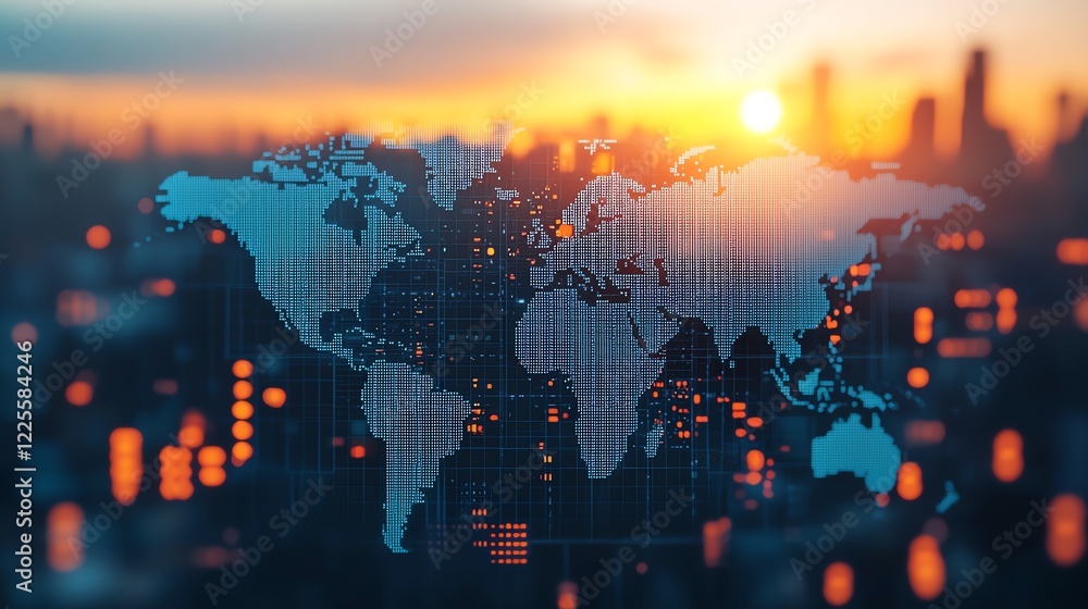 Stylized world map overlay with sunset and city lights in background ...