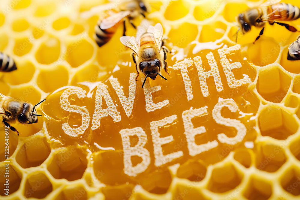 Save the bees title inscription theme yellow background concept ...