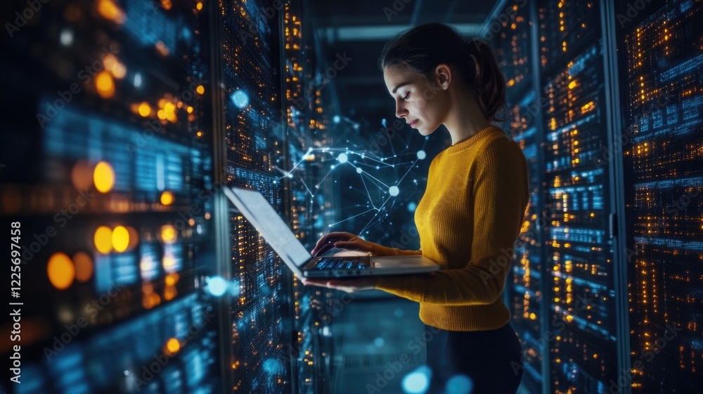 Software, coding hologram and woman on laptop thinking of data analytics, digital technology and ...