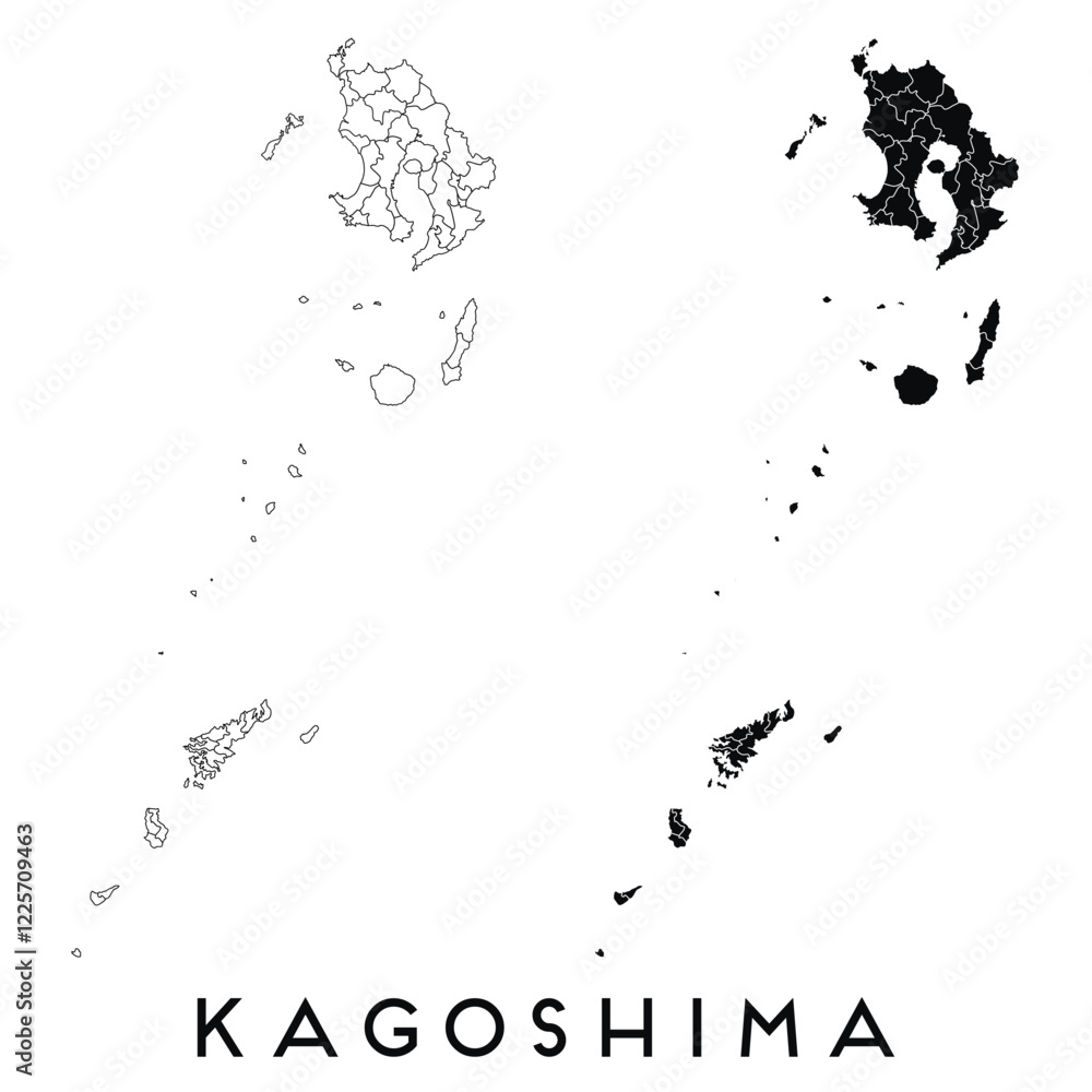 Kagoshima map of regions districts vector black on white and outline ...