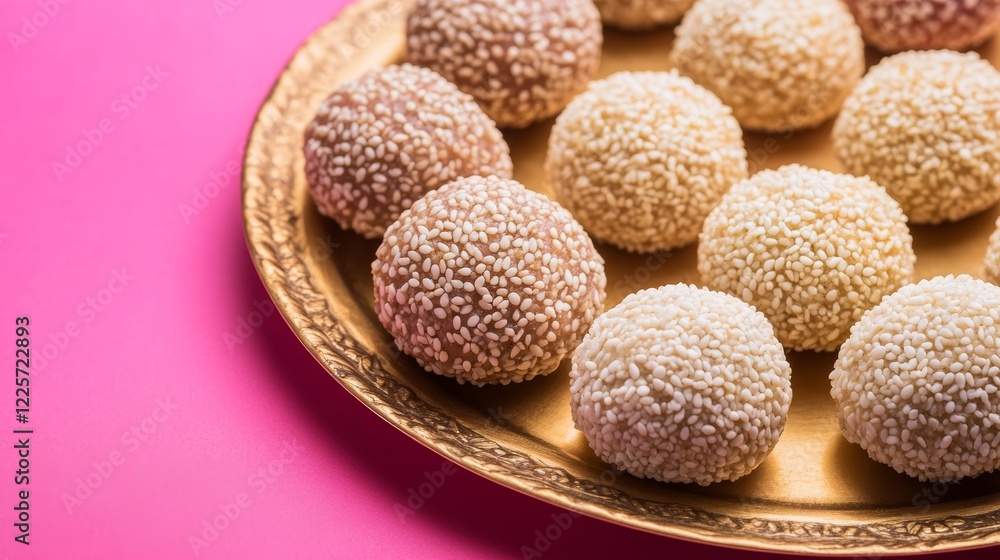 Tilgul ladoo with Til gur baati and Til mawa bati on bright pink ...