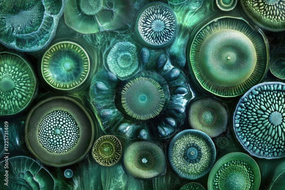 Microscopic view of intricate, vibrant green diatoms exhibiting radial ...