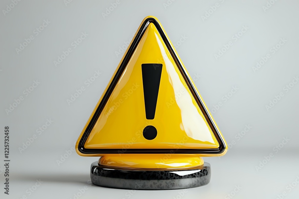 Yellow triangular warning sign with exclamation mark on gray background ...