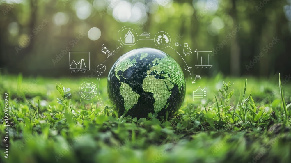 Globe with carbon footprint icons and charts on a digital screen ...