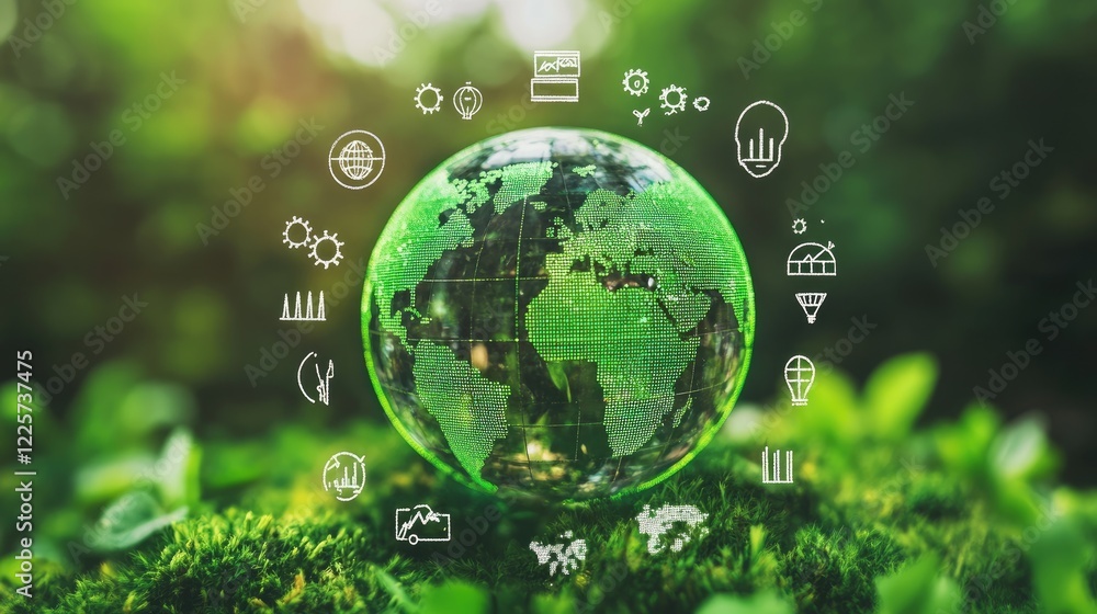 Stock-Foto „Globe with carbon footprint icons and charts on a digital ...