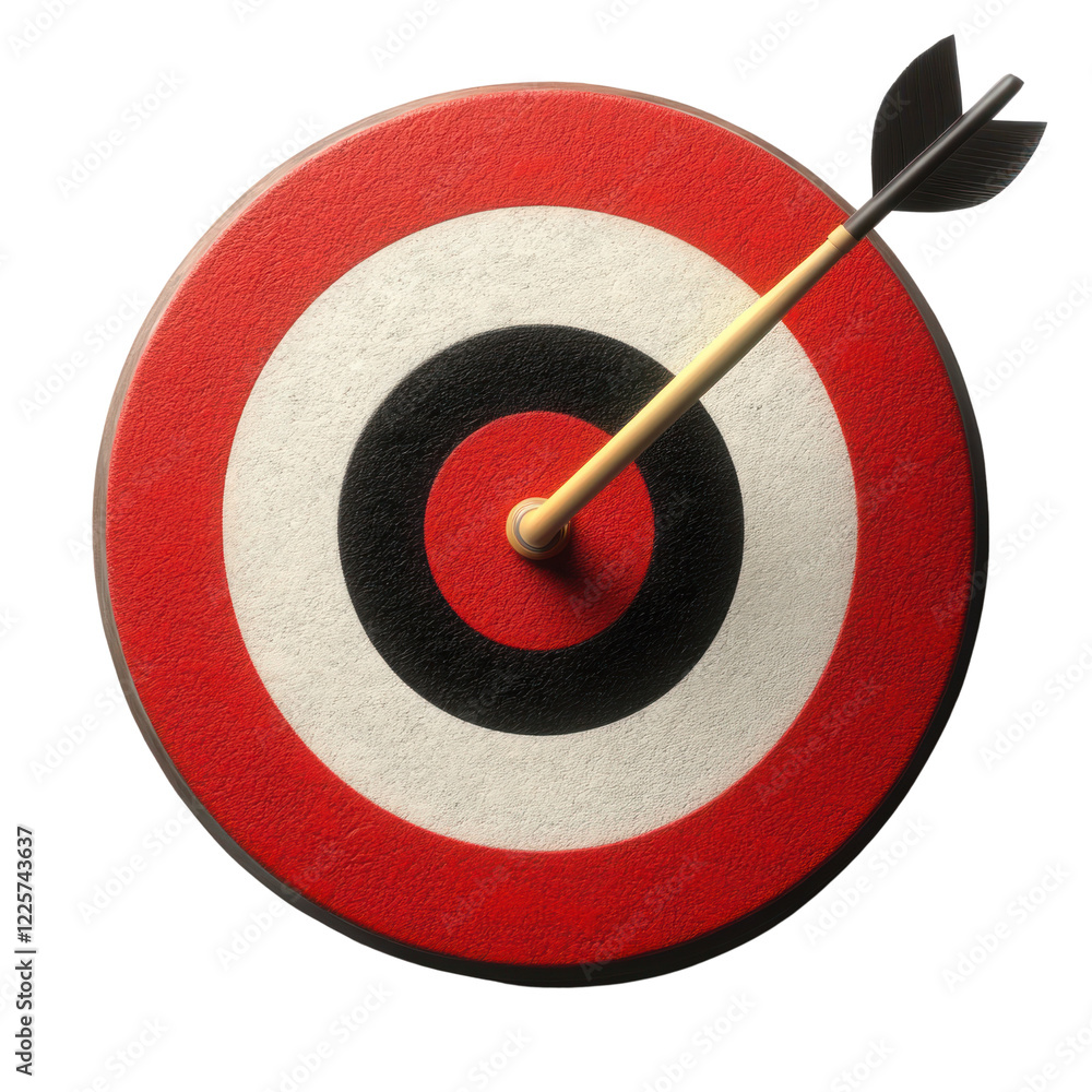 Arrow hits the center of a red and white target showing precision, isolated on a transparent ...