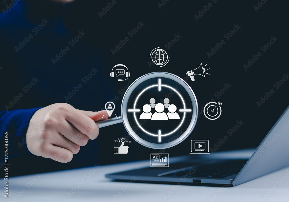 Digital marketing and target audience concept. Magnifying glass over a ...