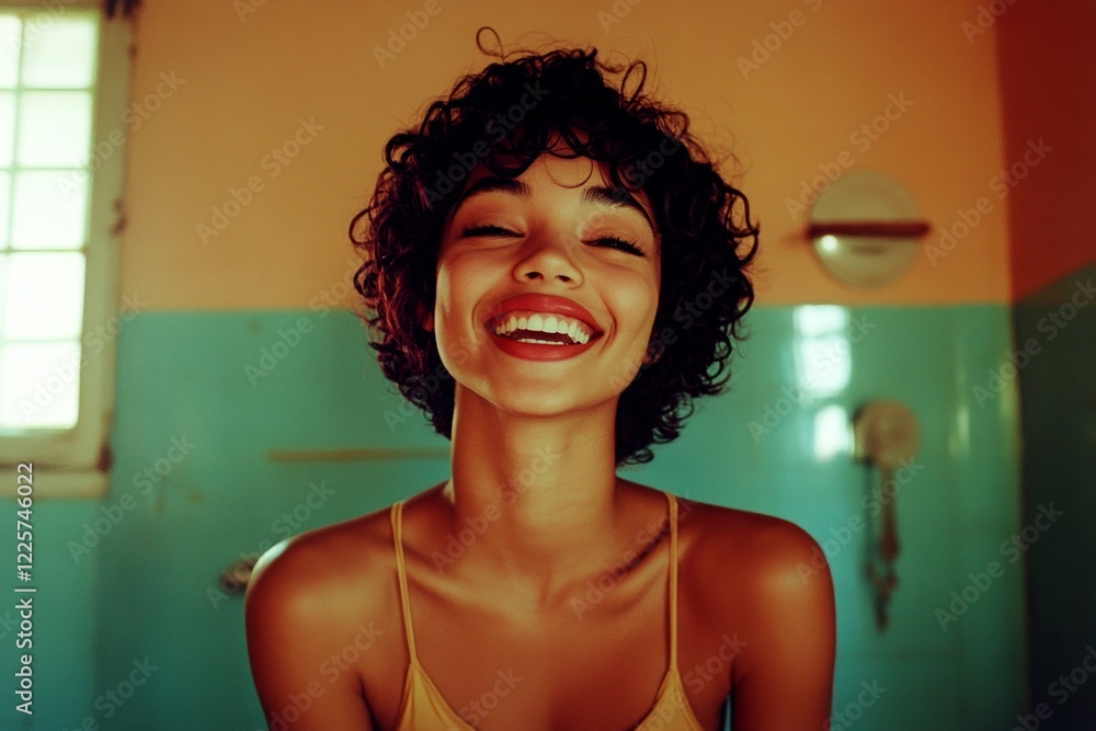 Short haircut - curly hair. Pretty happy mixed-race girl - for ads ...