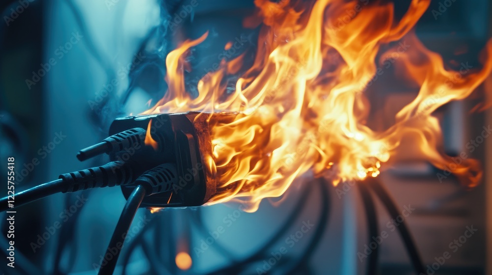 Electrical surge protector on fire due to an overloaded extension cord ...