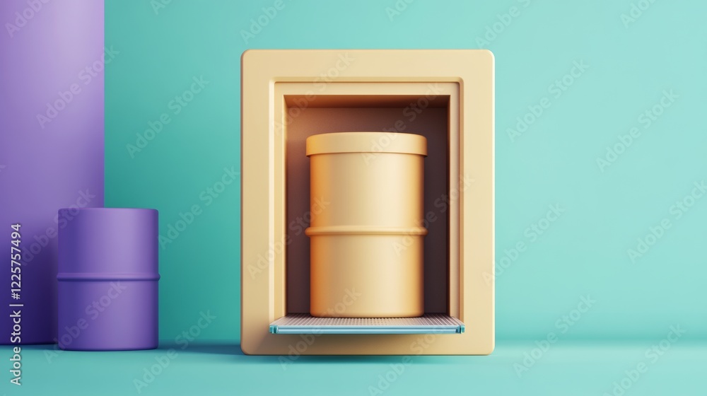 Pastel yellow barrel in a pale yellow niche against a teal background ...
