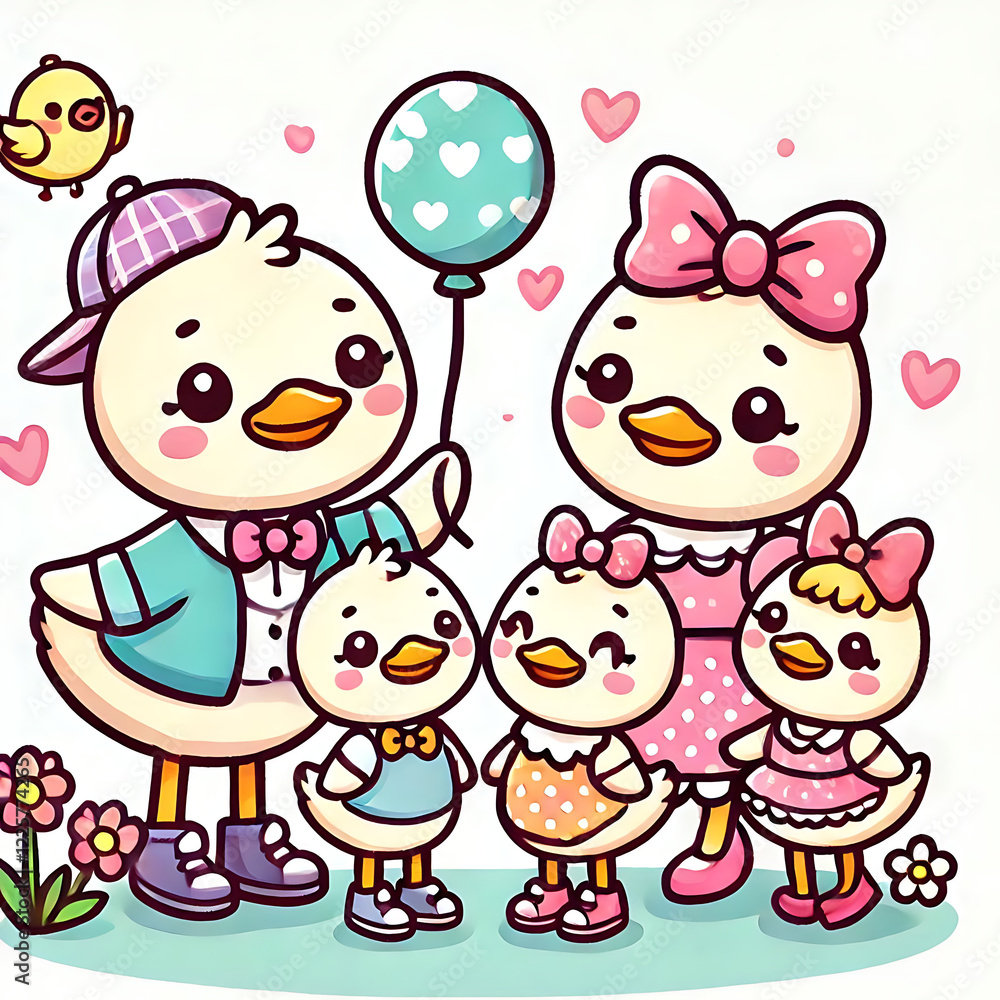 Cute kawaii duck family cartoon character coloring page vector ...