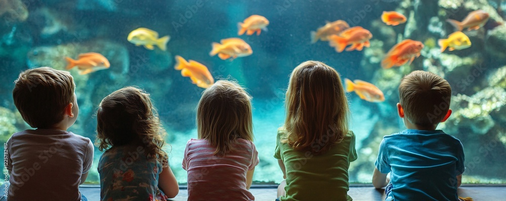 Group of kids watching fish swimming in aquarium Stock Photo | Adobe Stock