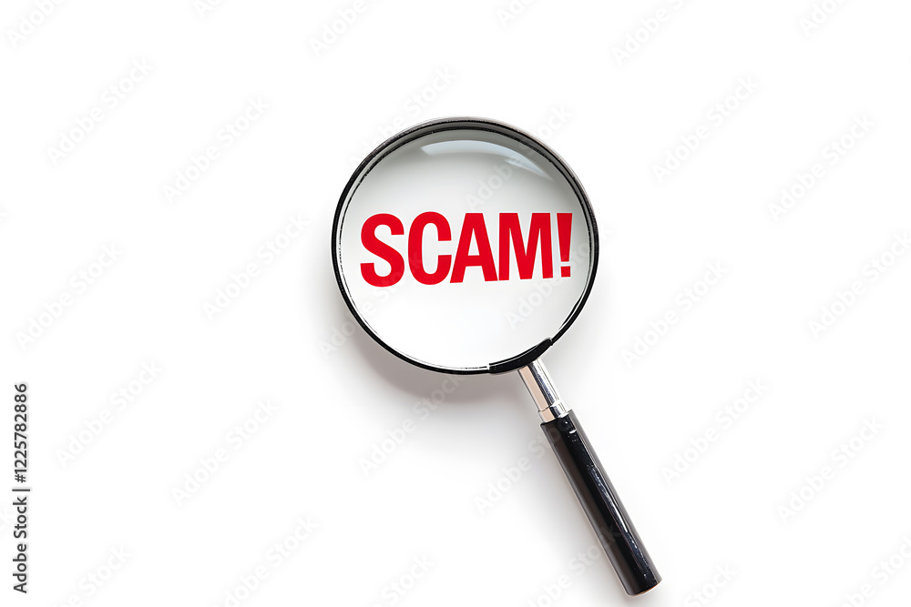 A magnifying glass focuses on the word 'SCAM!', highlighting the ...