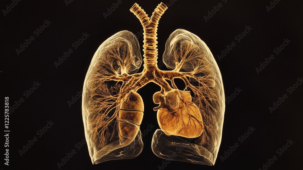 Human heart cross-section with vessels, lungs, bronchial tree and cut ...