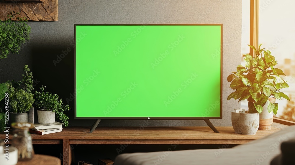 Chroma key green screen tv television screen in living room home ...