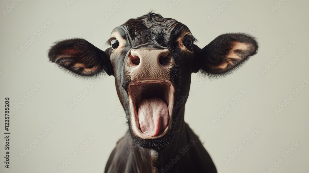 Isolated cow , silly portrait of a mooing cow, screaming mouth open ...