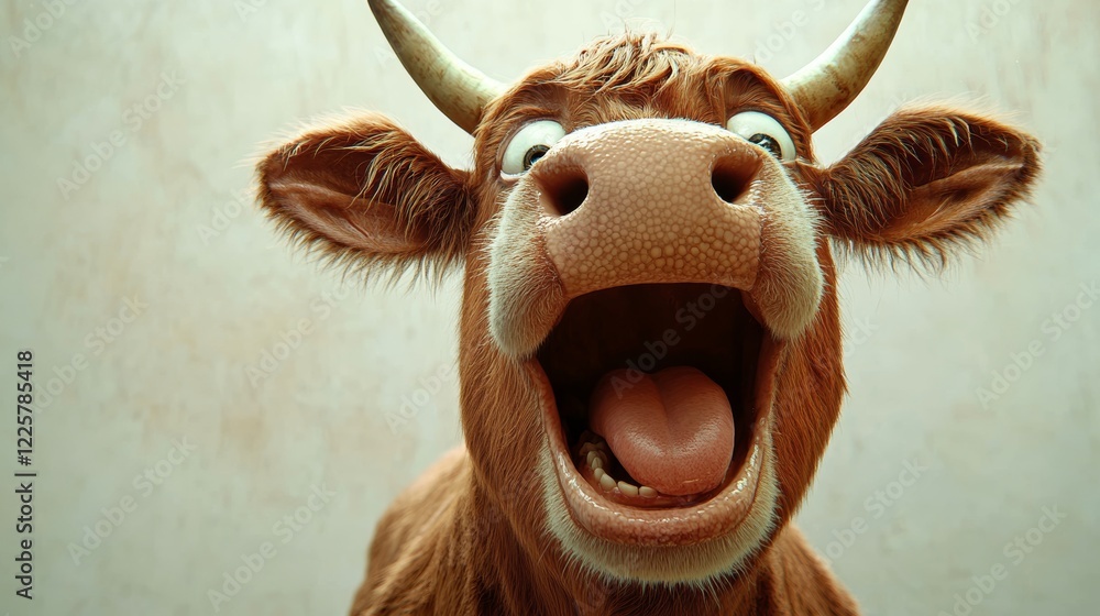 Isolated cow , silly portrait of a mooing cow, screaming mouth open ...