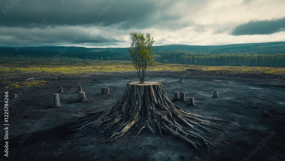 Resilience: A lone tree sprouts from a felled forest, symbolizing hope ...