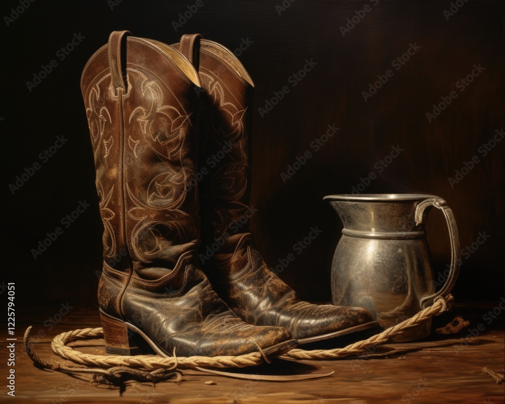 Vintage Western Decor: Rodeo Boot, Spur and Spittoon as Cowboy ...