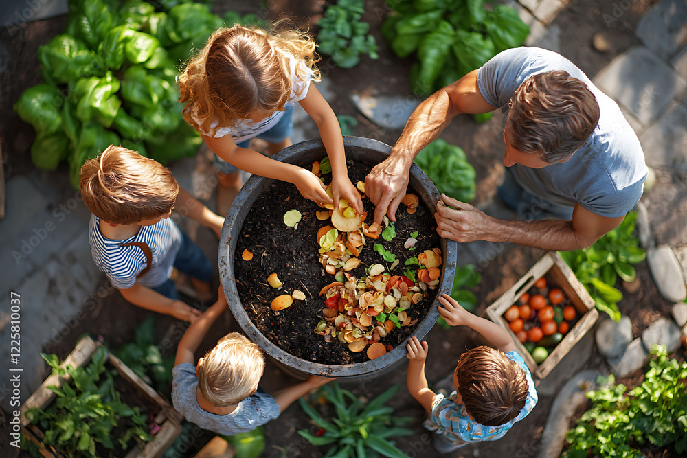 Overhead view of a family, including father and three children, adding ...