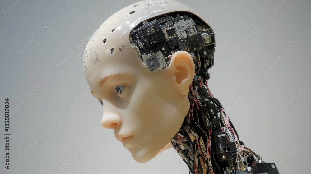 AI. Artificial intelligence. Head robot hanging over podium and look at virtual dashboard ...