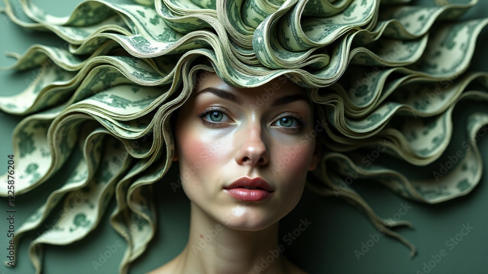 A person with hair made of folded paper bills, flowing with texture and ...