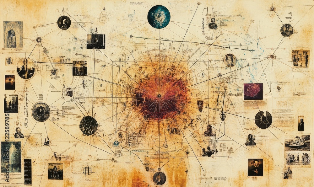 Complex map with portraits and diagrams connected by lines. Stock ...