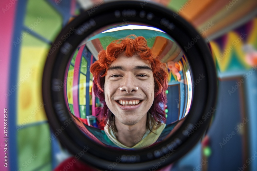 Photo Stock Quirky Portrait Through a Fisheye Lens. Smiling young ...
