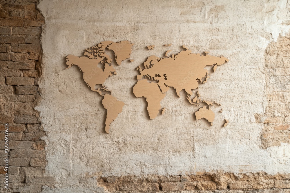 world map is drawn on a brick wall. A large map for exploring countries ...