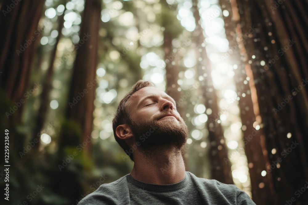 Man finds peace and serenity in a sun-dappled redwood forest, eyes ...